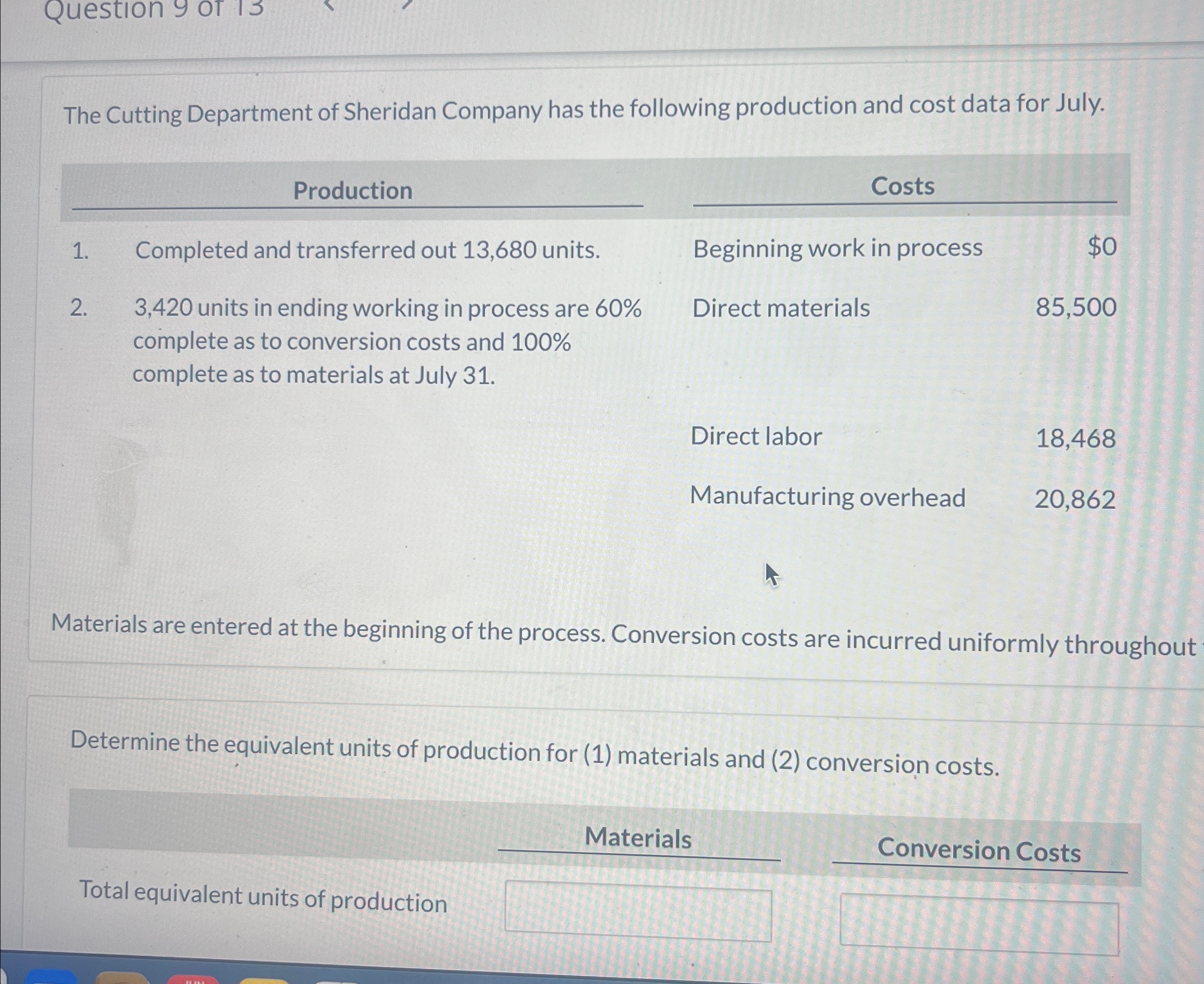 Solved The Cutting Department of Sheridan Company has the | Chegg.com