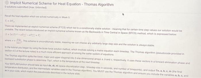 Implicit Numerical Scheme for Heat Equation - Thomas | Chegg.com