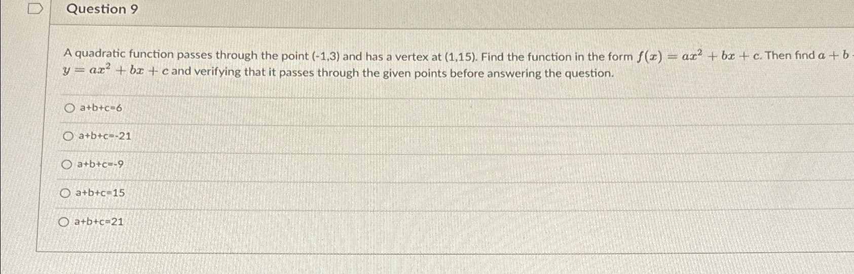 Solved Question 9A quadratic function passes through the | Chegg.com