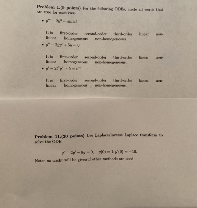 Solved Problem 1.(9 points) For the following ODEs, circle | Chegg.com