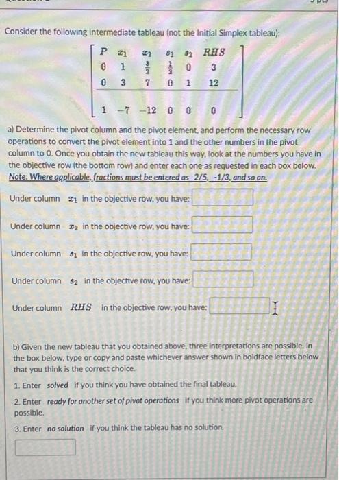 Solved Consider the following intermediate tableau (not the | Chegg.com