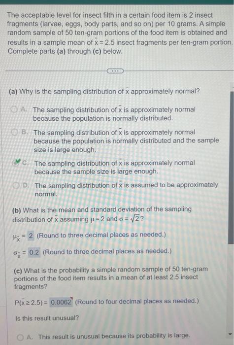Solved The acceptable level for insect filth in a certain | Chegg.com