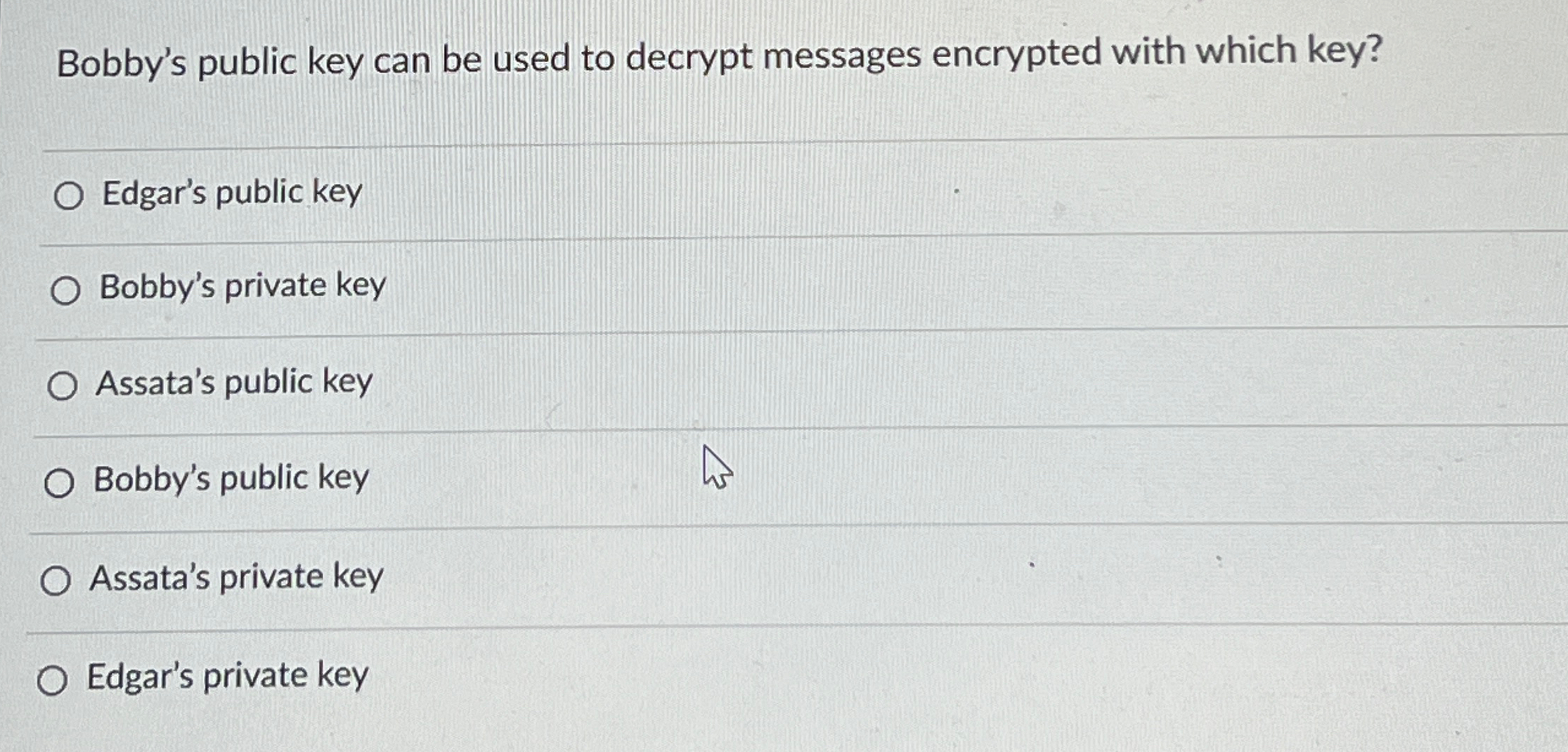Solved Bobby's public key can be used to decrypt messages | Chegg.com