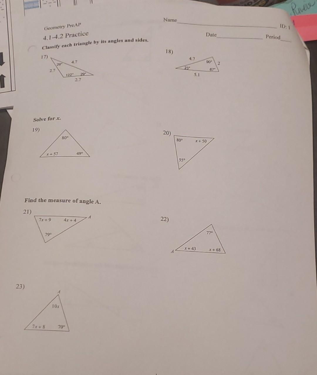 Solved 4.1-4.2 Practice Classify each triangle by its angles | Chegg.com