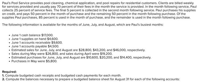 Solved Paul's Pool Service provides pool cleaning, chemical | Chegg.com