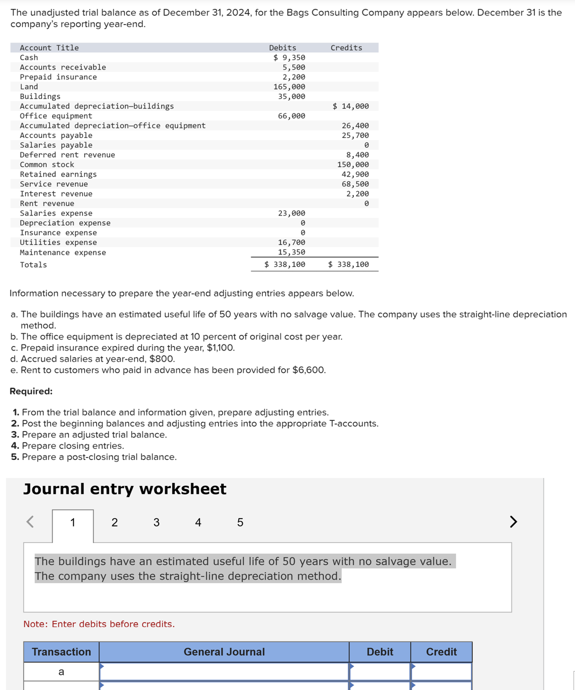 Solved Journal entry worksheet12345The buildings have an | Chegg.com