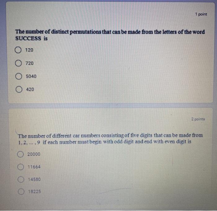 Solved 1 point The number of distinct permutations that can | Chegg.com