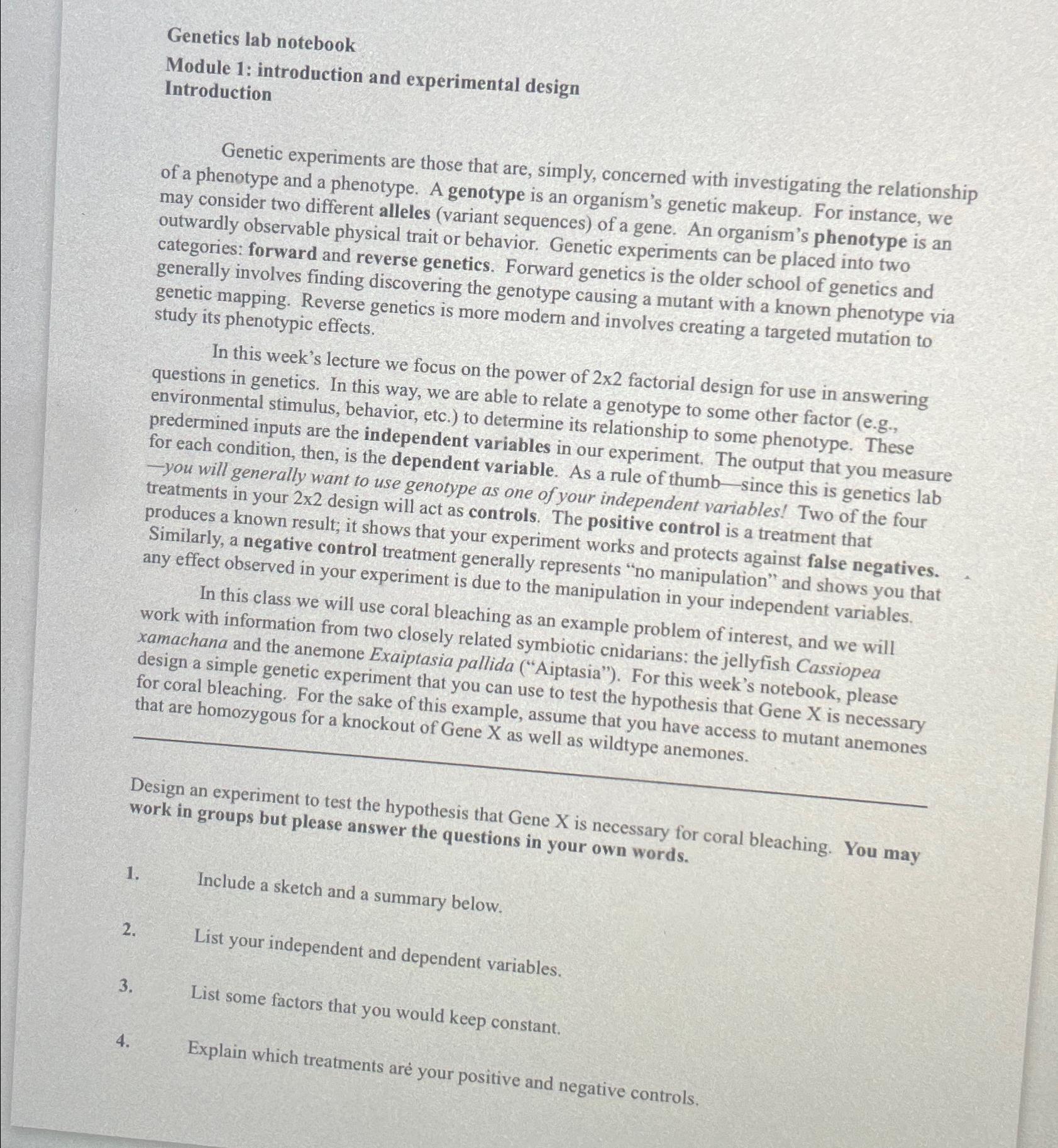 Solved Genetics lab notebookModule 1: introduction and | Chegg.com