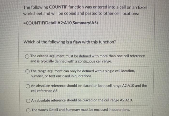 Solved The following COUNTIF function was entered into a | Chegg.com