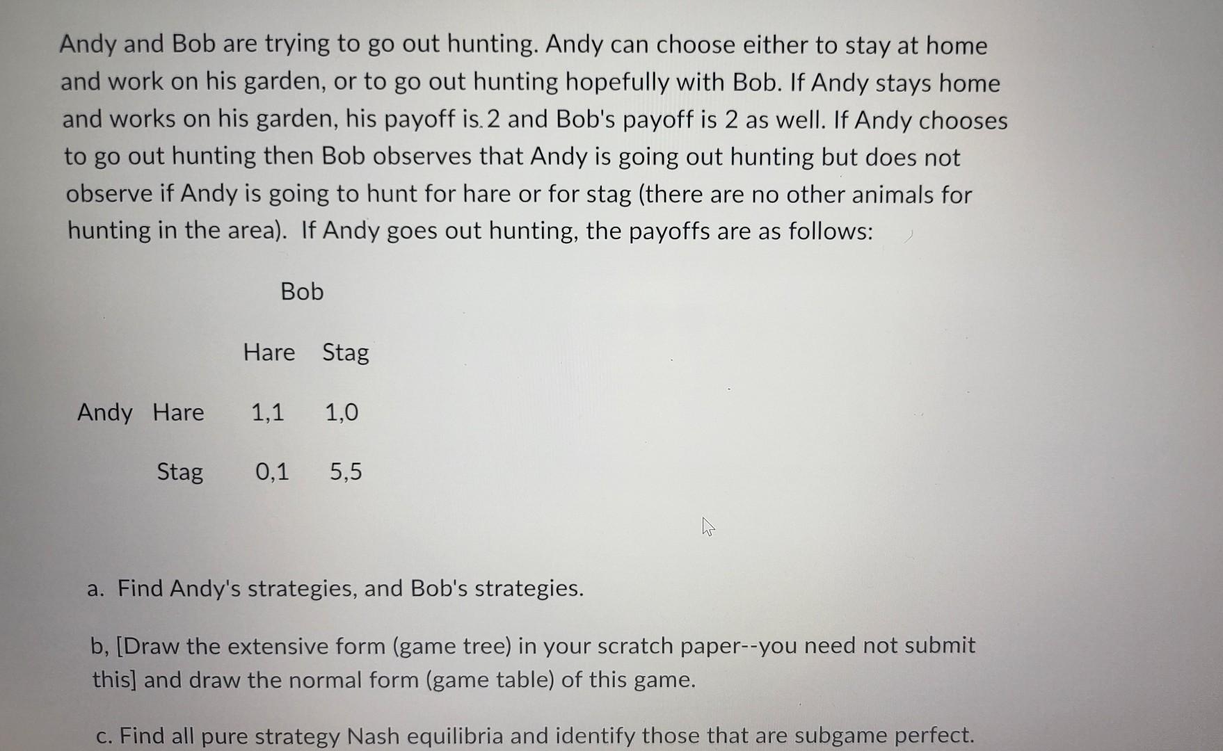 Solved Andy and Bob are trying to go out hunting. Andy can | Chegg.com