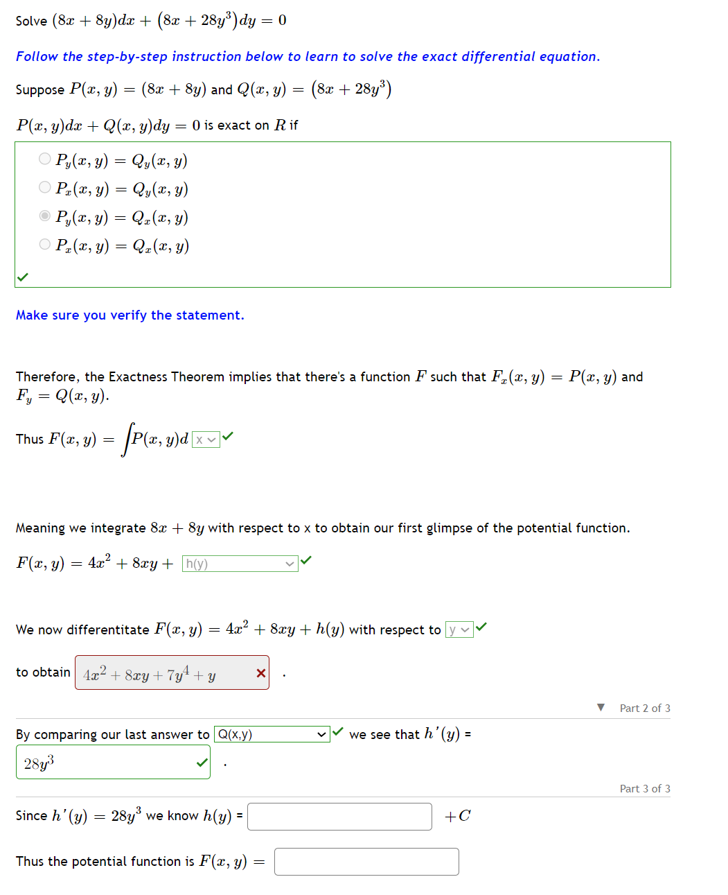 Solved Solve (8x+8y)dx+(8x+28y3)dy=0Follow the step-by-step | Chegg.com