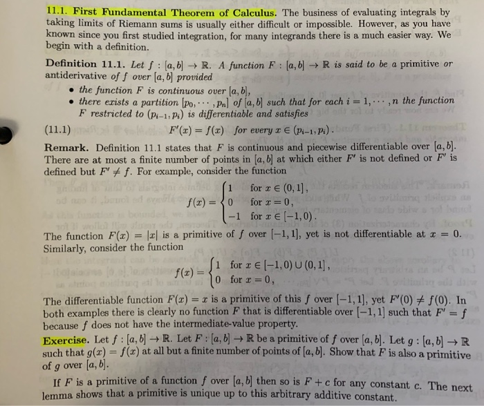 Solved 11.1. First Fundamental Theorem of Calculus. The | Chegg.com