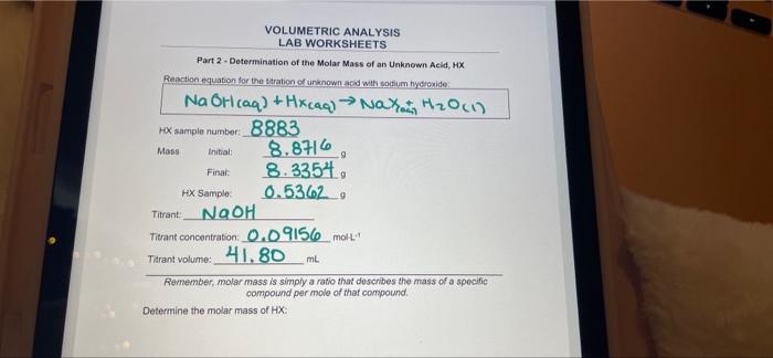 Solved VOLUMETRIC ANALYSIS LAB WORKSHEETS Part 2 - | Chegg.com