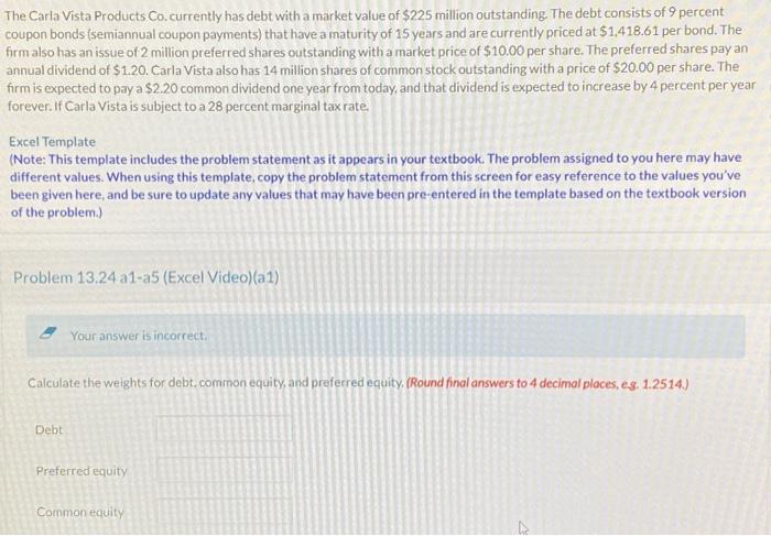 Solved The Carla Vista Products Co. currently has debt with | Chegg.com