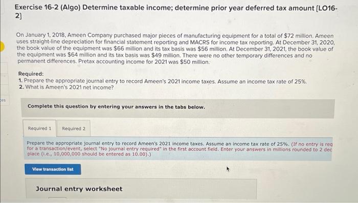 Solved Exercise 16-2 (Algo) Determine taxable income; | Chegg.com