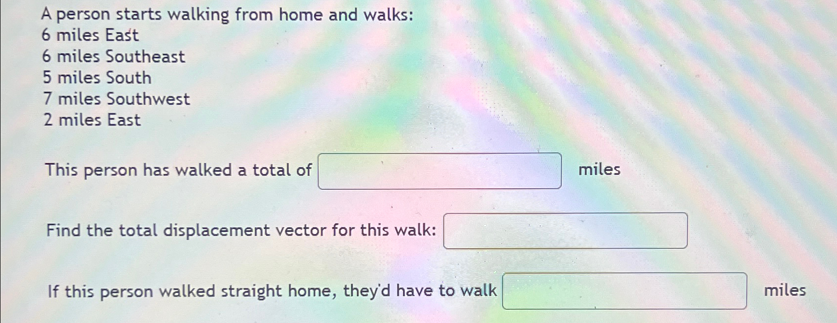 Solved A person starts walking from home and walks:6 ﻿miles | Chegg.com