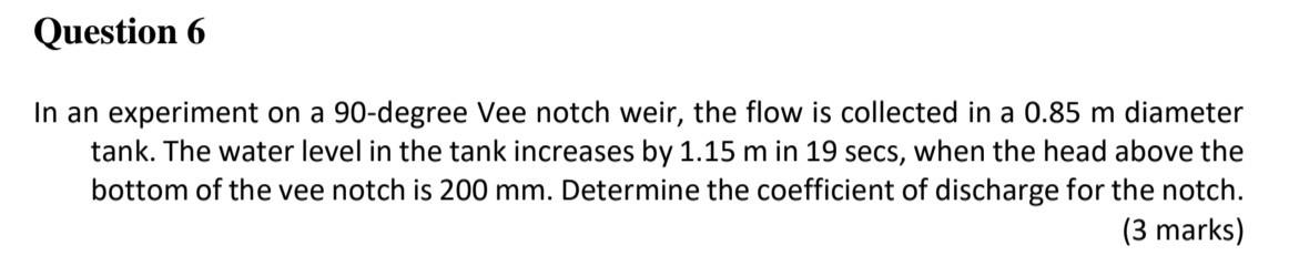 Solved In an experiment on a 90-degree Vee notch weir, the | Chegg.com