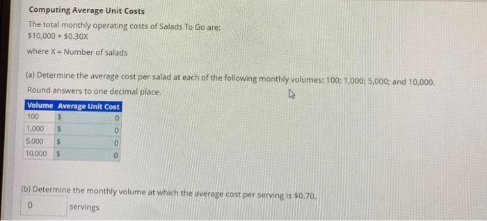 Solved Computing Average Unit Costs The total monthly | Chegg.com