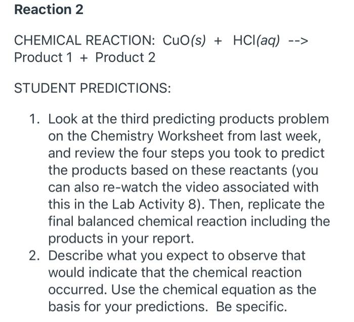 Solved Reaction 2 CHEMICAL REACTION: Cuo(s) + HCl(aq) | Chegg.com