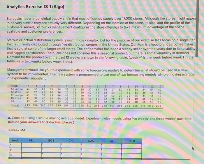 Solved Analytics Exercise 18-1 (Algo) Starbucks has a large, | Chegg.com