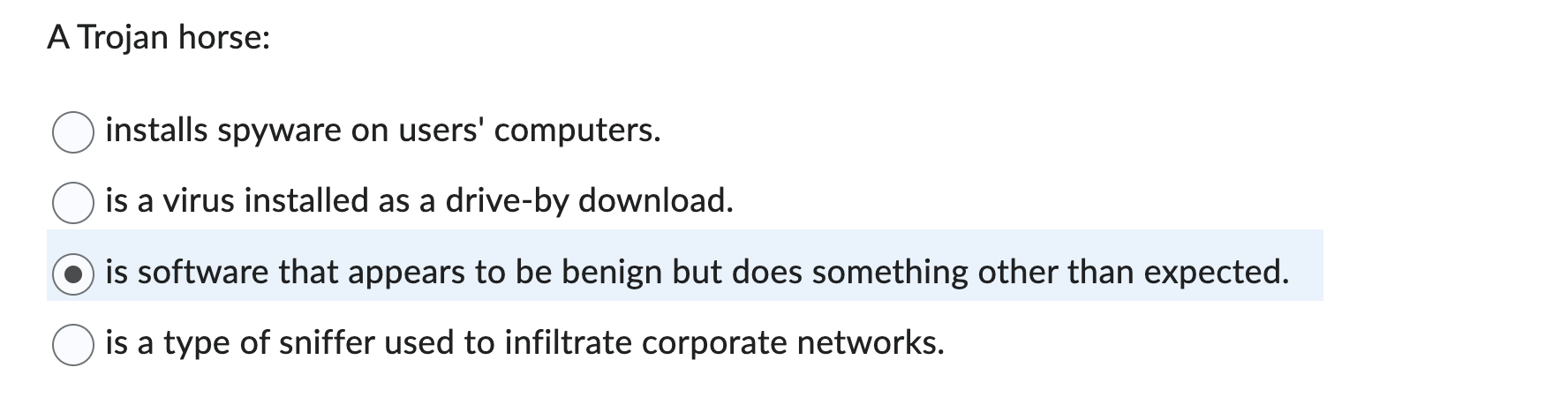 Solved A Trojan horse:installs spyware on users' | Chegg.com