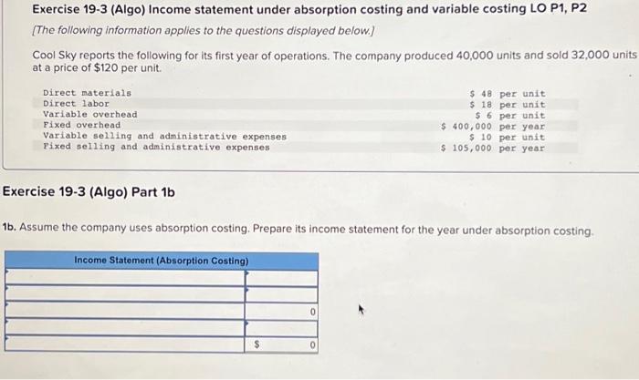 Solved Exercise 19-3 (Algo) Income statement under | Chegg.com