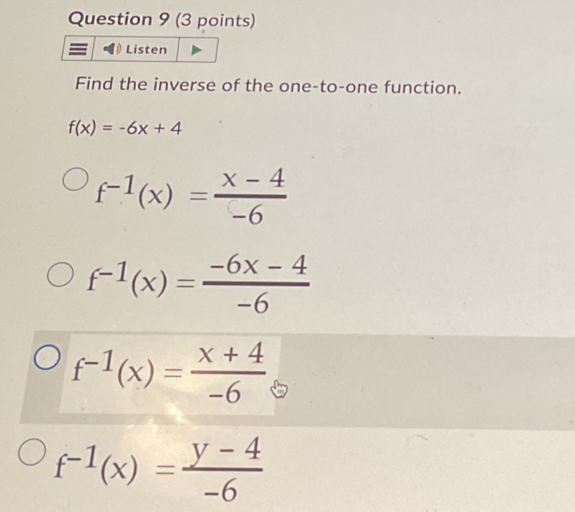 Solved Question 9 (3 ﻿points)Find the inverse of the | Chegg.com