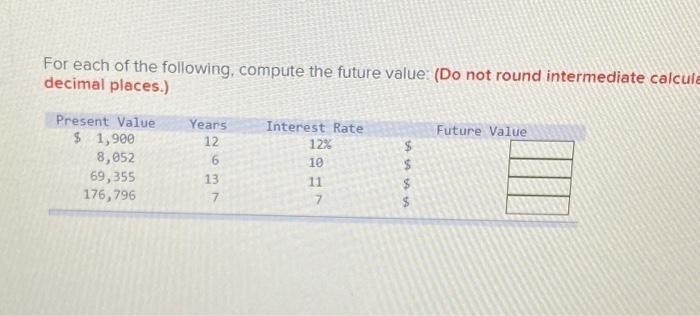 Solved For each of the following, compute the future value: | Chegg.com