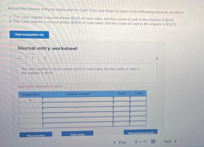 Solved Record the journal entry for Sales and for Cash Over | Chegg.com