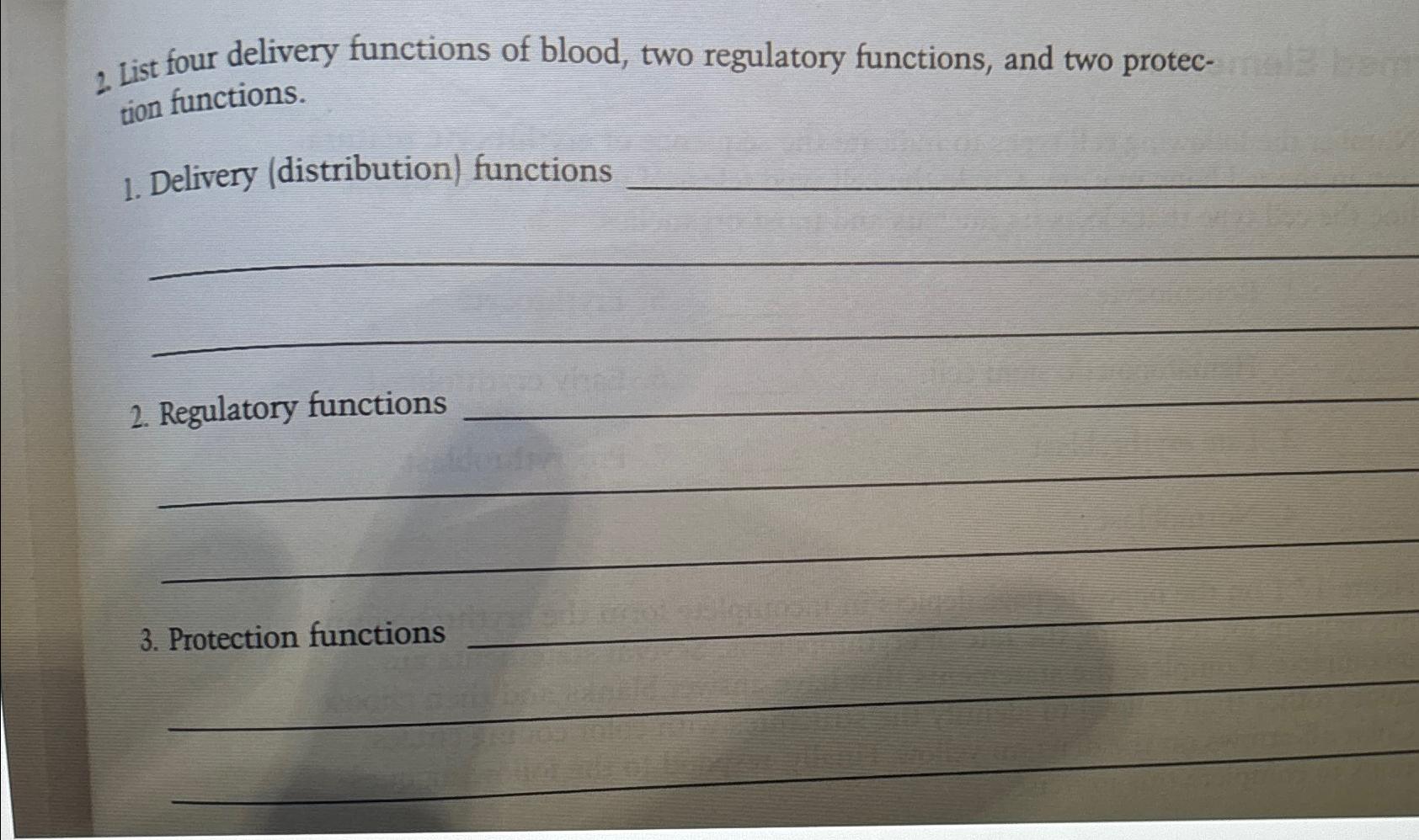 Solved List four delivery functions of blood, two regulatory | Chegg.com