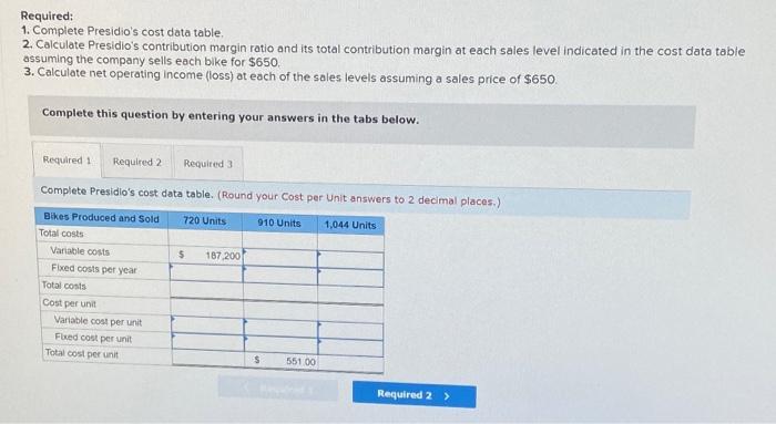 Solved Required: 1. Complete Presidio's cost data table, 2. | Chegg.com