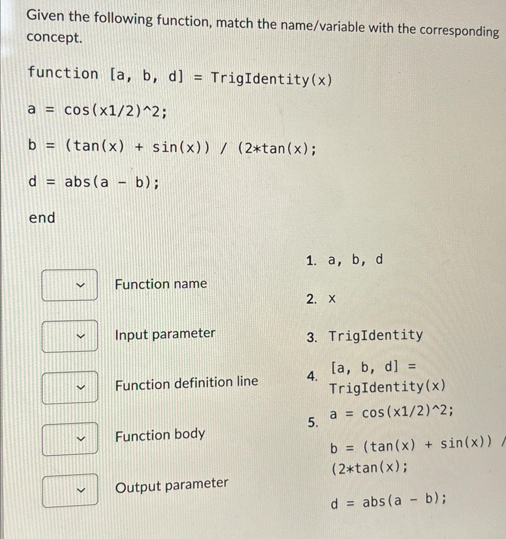 Solved Given the following function, match the name/variable | Chegg.com
