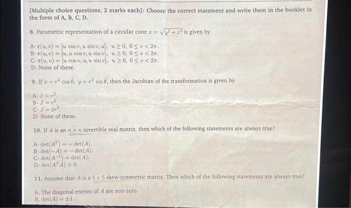 Solved [Multiple choice questions, 2 marks each]: Choose the | Chegg.com