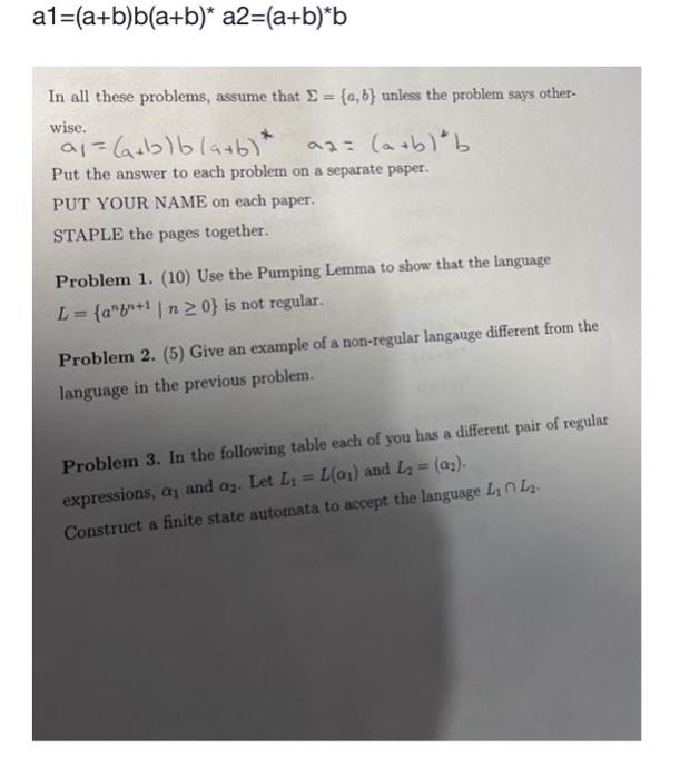 Solved a1=(a+b)b(a+b)⋆a2=(a+b)⋆b In all these problems, | Chegg.com