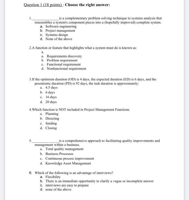 Solved Question 1 (18 points): Choose the right answer: is a | Chegg.com