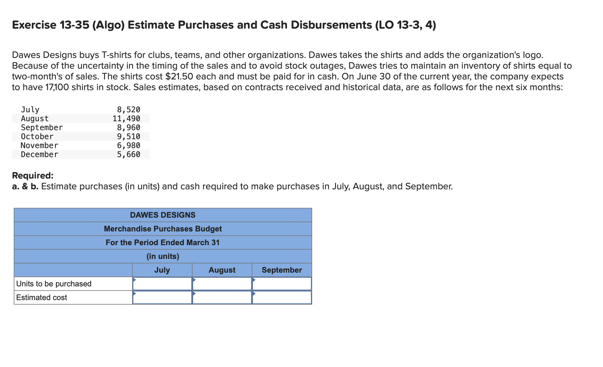 Solved Exercise 13-35 (Algo) ﻿Estimate Purchases and Cash | Chegg.com