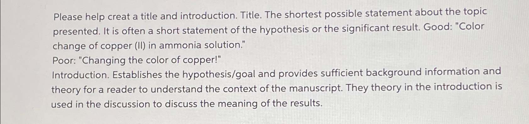 Solved Please help creat a title and introduction. Title. | Chegg.com