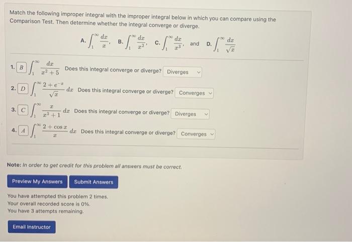 Solved Match the following improper integral with the | Chegg.com