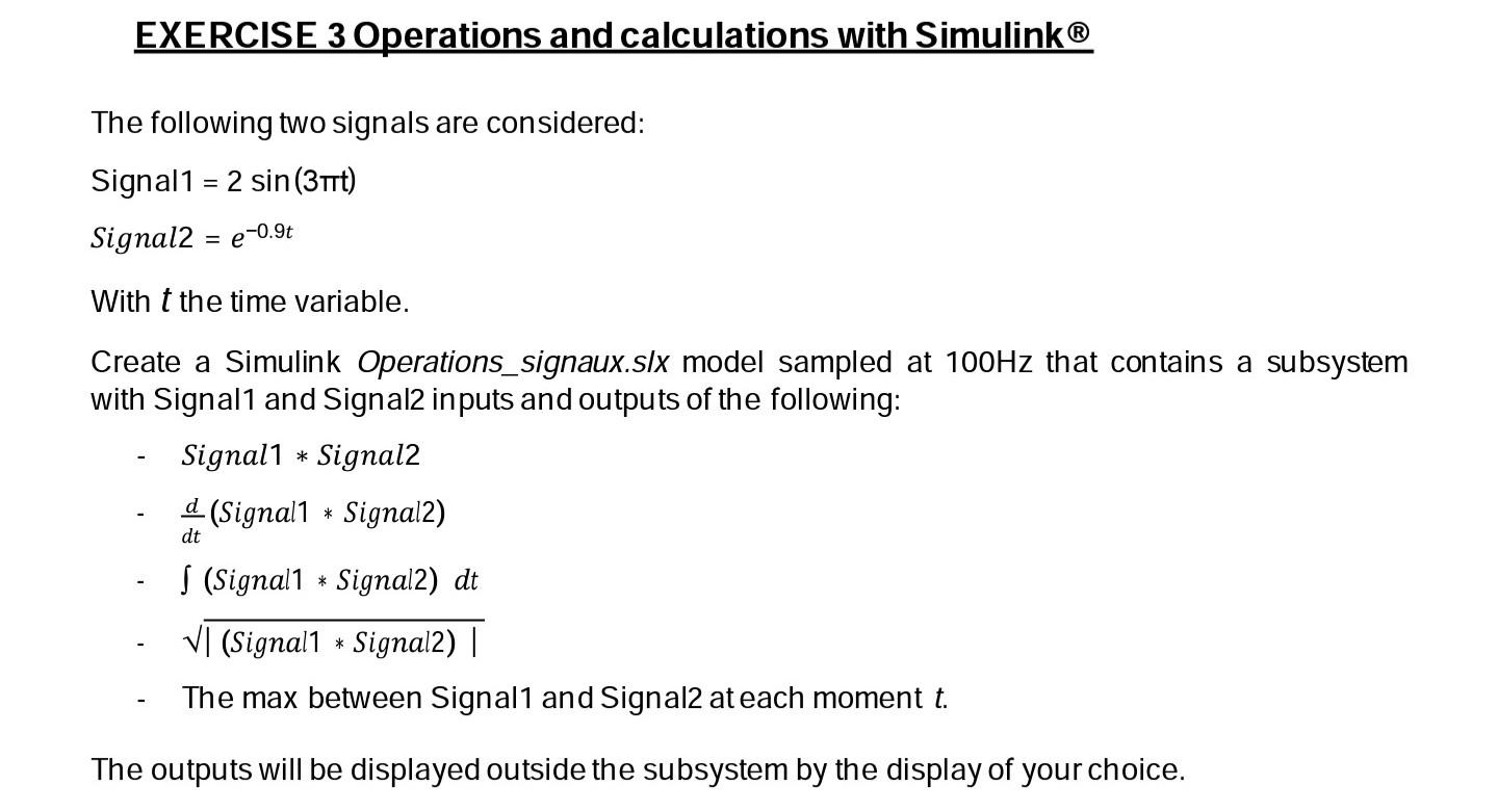 EXERCISE 3 Operations and calculations with Simulink® | Chegg.com