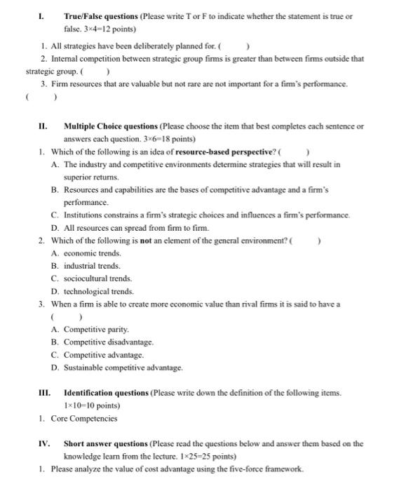 Solved L. True/False questions (Please write T or F to | Chegg.com