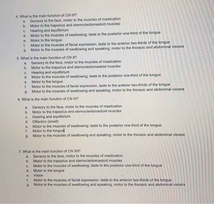 Solved 1. What is the main function of CN V a Sensory to the | Chegg.com