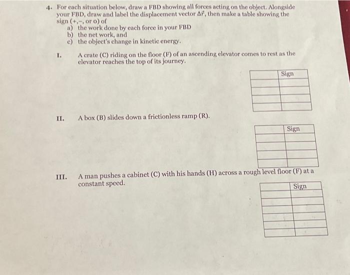 Solved 4. For each situation below, draw a FBD showing all | Chegg.com