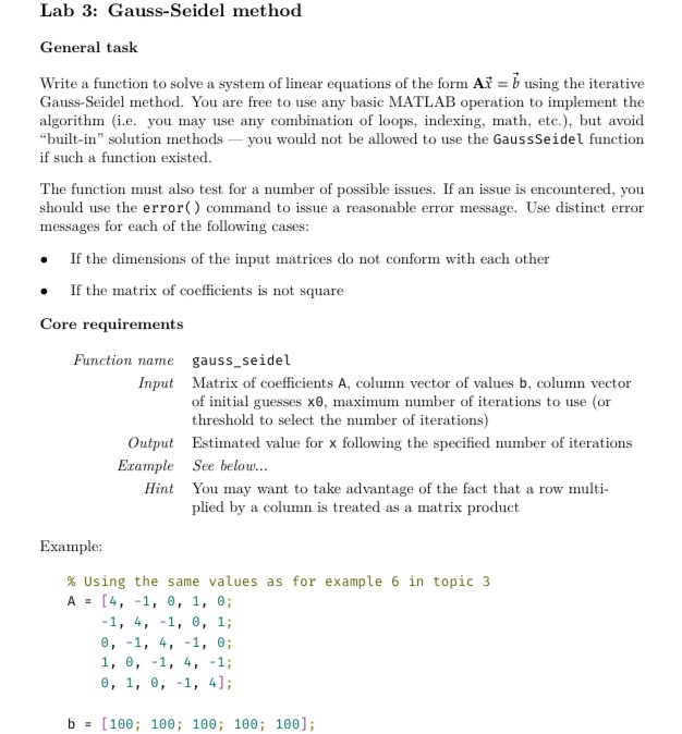 Solved Lab 3: Gauss-Seidel method . General task Write a | Chegg.com