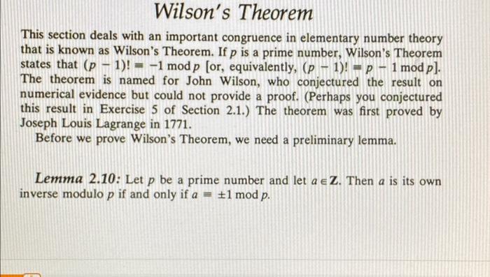 Solved 5. Review Wilson's Theorem, Fermat's Little Theorem, | Chegg.com