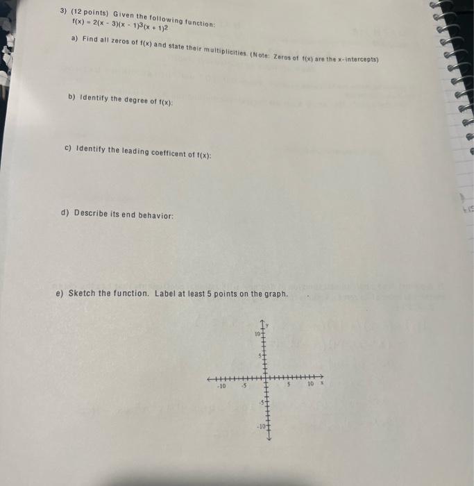 Solved 3) (12 points) Given the following function: | Chegg.com