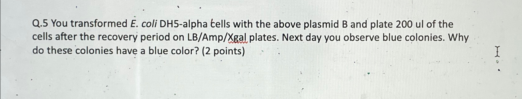Solved Q. 5 ﻿You transformed E. ﻿coli DH5-alpha tells with | Chegg.com