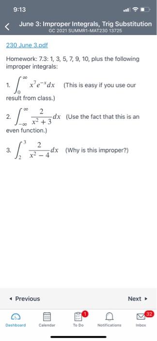 Solved 9:13 June 3: Improper Integrals, Trig Substitution GC | Chegg.com