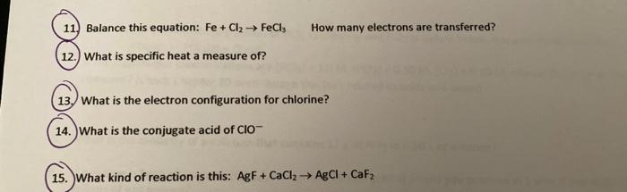 Solved 11) Balance this equation: Fe + Cl2 → FeCl3 How many | Chegg.com