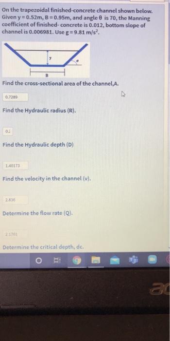 Solved On the trapezoidal finished-concrete channel shown | Chegg.com