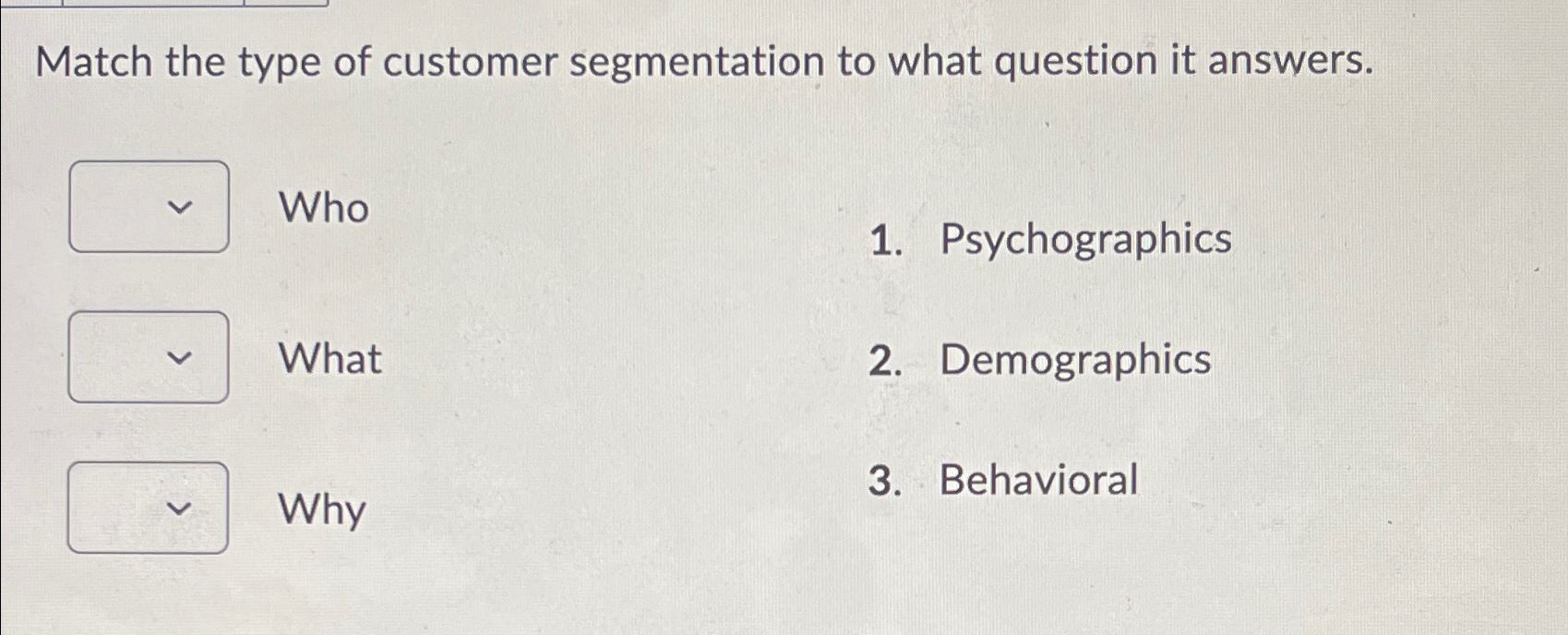 Solved Match the type of customer segmentation to what | Chegg.com